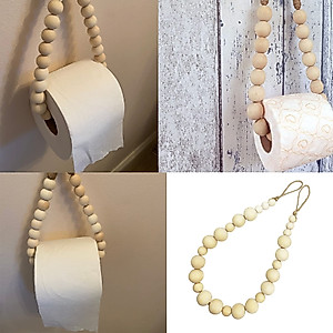 Eaferm Farmhouse Wooden Beads Toilet Paper Holder, Natural Wood Beaded Paper Towel Roll Holder Tissue Hanger, Bathroom Wall Decor Rustic Boho Decorations