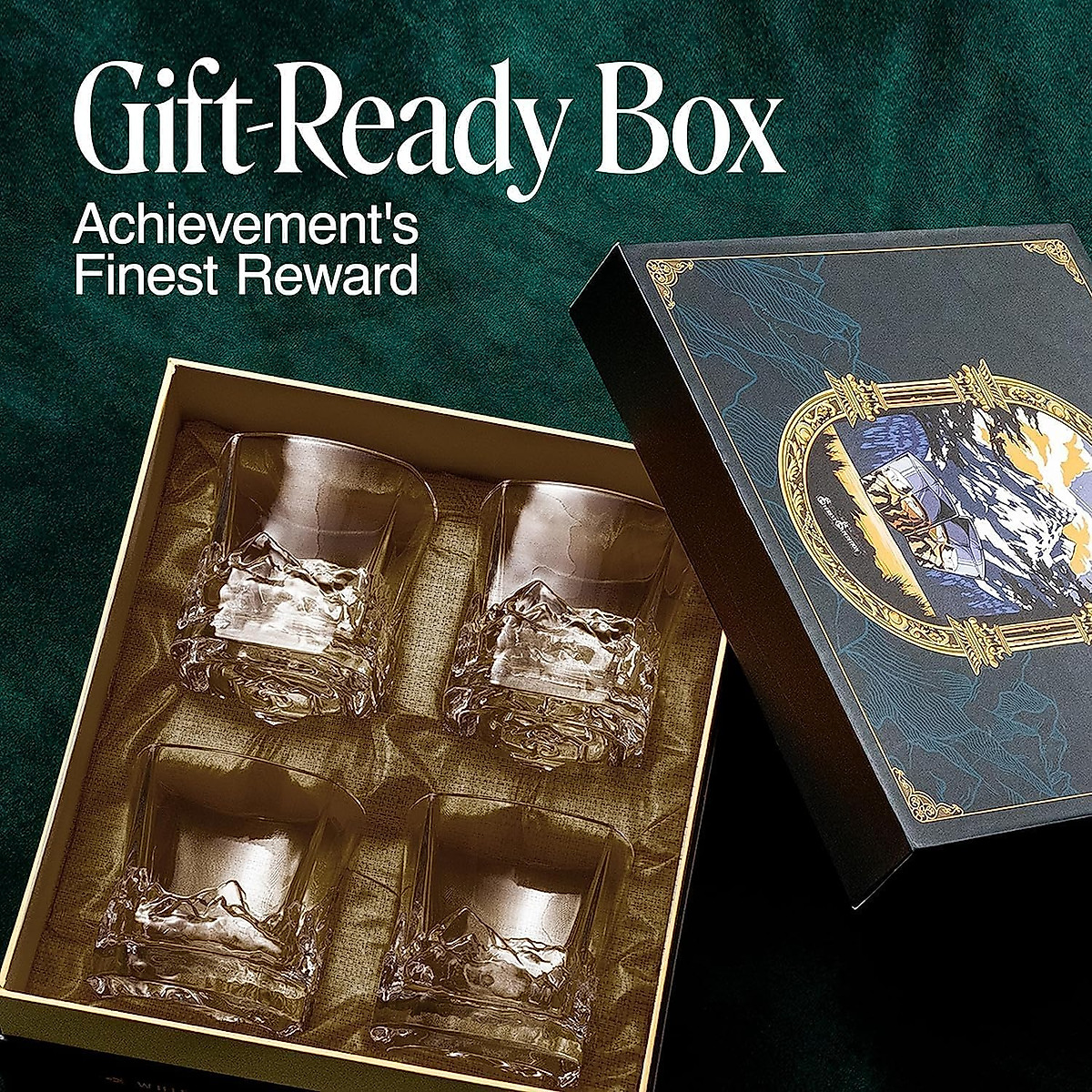 EdelweissPeak Unique Everest Bourbon Glasses Set of 4 in Gift Box - Mountains Theme - Heavy Freezable 8 OZ Old Fashioned Whiskey Glasses Set of 4 - Scotch Glass Set 4 - Whiskey Gifts for Men