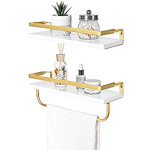 Dahey Wall Mounted Floating Shelves Storage Shelf Modern Wood and Metal Spice Rack with Towel Bar and 8 Removable Hooks for Organize Utensils Mugs Carbonized or Plant Holder Kitchen Bathroom, 2 Pack