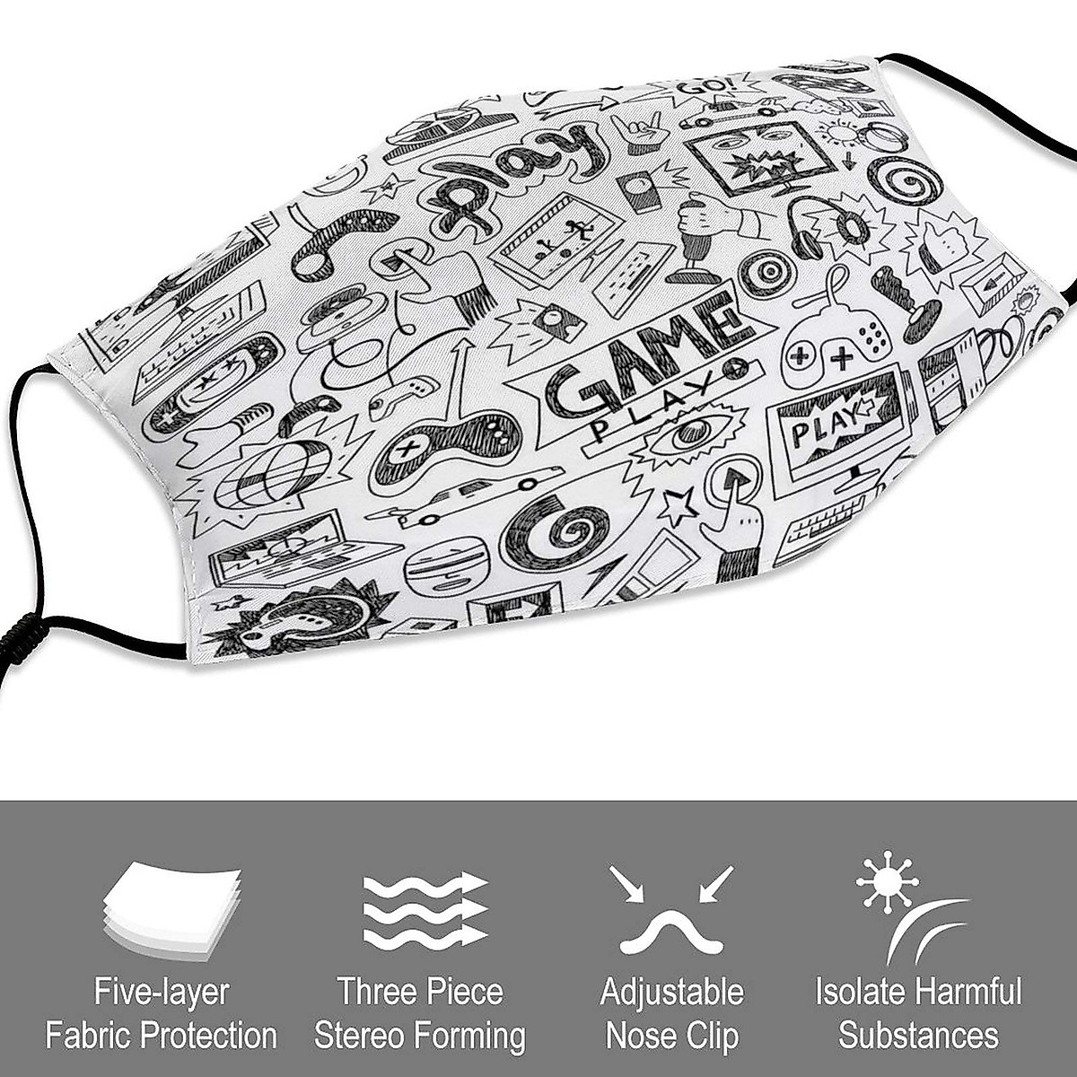 Comfortable Windproof, Monochrome Sketch Style Gaming Design Racing Monitor Device Gadget Teen 90s,Printed Facial decorations for adult JB-0002956