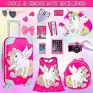 UNICORN ELEMENT 15Pcs 18 Inch Girl Doll Clothes and Accessories, Travel Suitcase with Unicorn Luggage Play Set Including Suitcase, Schoolbag, U-Shaped Pillow, Glasses, Camera, etc (Not Doll)