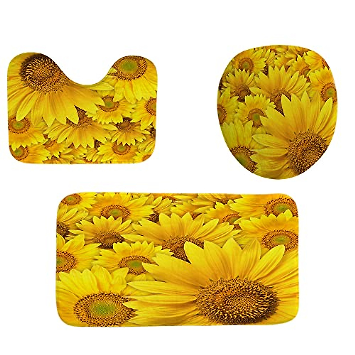 JIANGLANY Sunflower Shower Curtain with Rugs, Toilet Lid Cover Bath Mat, Rural Sunflower Bathroom Decor Set with Waterproof Curtain and Toilet Mats Set, 71x71 Inches (4)