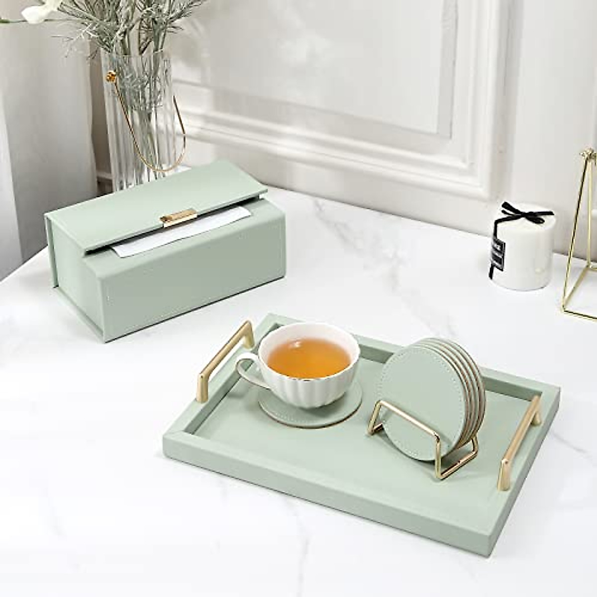 CASEGRACE Drink Coasters with Metal Holder Stand Set of 6, PU Leather Absorbent Coasters with Cork Base Table Coaster Set Decorative Coffee Cup Coasters Housewarming Gift for Home Decor