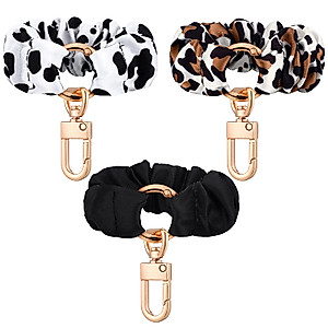 Jadive 3 Pcs Scrunchie Keychain Wristlet Bracelet Keychain Stretchy Key Ring Wrist Key Chain Hair Tie for Women Gift(Black, Leopard, Cow)