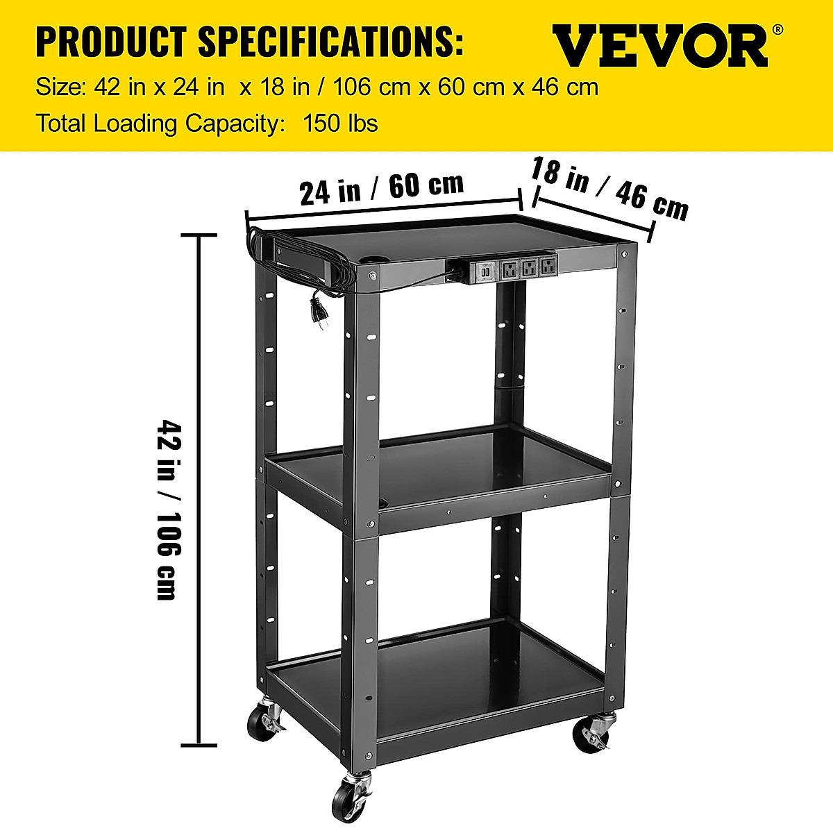 VEVOR Steel AV Cart, 24-42" Height Adjustable Media Cart with Electric Power Cord, 24 x 32 Presentation Cart with 3 Shelves, 150 LBS Rolling Projector Cart with and 2 Brakes Suitable for Load-Bearing