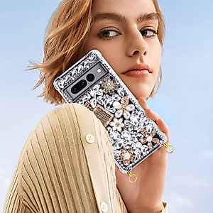 Leiju Case for Google Pixel 7 Pro with Strap Glitter Design,3D Handmade Sparkle Stunning Stones Crystal Diamond Bling Glitter Phone Case for Google Pixel 7 Pro