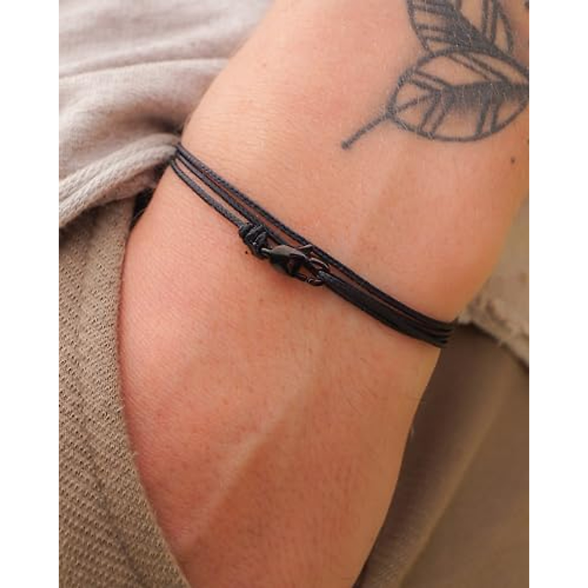 Adjustable Wrap Surfer Bracelet Women & Men - Thin String Bracelet with Snap Hook - Nautical Maritime Beach Jewelry - Handmade & Waterproof - Birthday Gift for Him (Black Black)