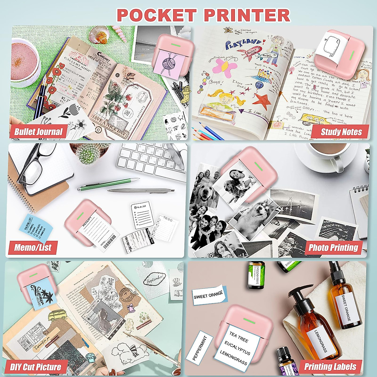 Bakoor Portable Printer, Sticker Printer with 5 Rolls Thermal Paper, Gift for Kids, Friends, Monochrome Printer for Pictures, Photos, Journals, DIY, Compatible with Android or iOS APP