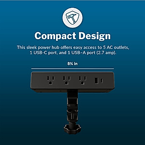 Vari Power Hub - Black Multiple Outlet Power Charging Station with Desk Mount - 5 AC outlets, 2 USB Ports, 12" Cord - Fast Charging for Work or Home Office - Easy to Install with No Tools Needed