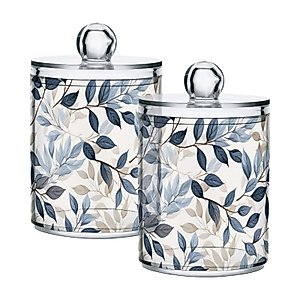Blue Gray Leaves Qtip Holder 2Packs Apothecary Jars with Lids Cotton Ball Holder Bathroom Organizer Dispenser Plastic Jar for Floss Vanity Cotton Pad Swab Room Home Decor