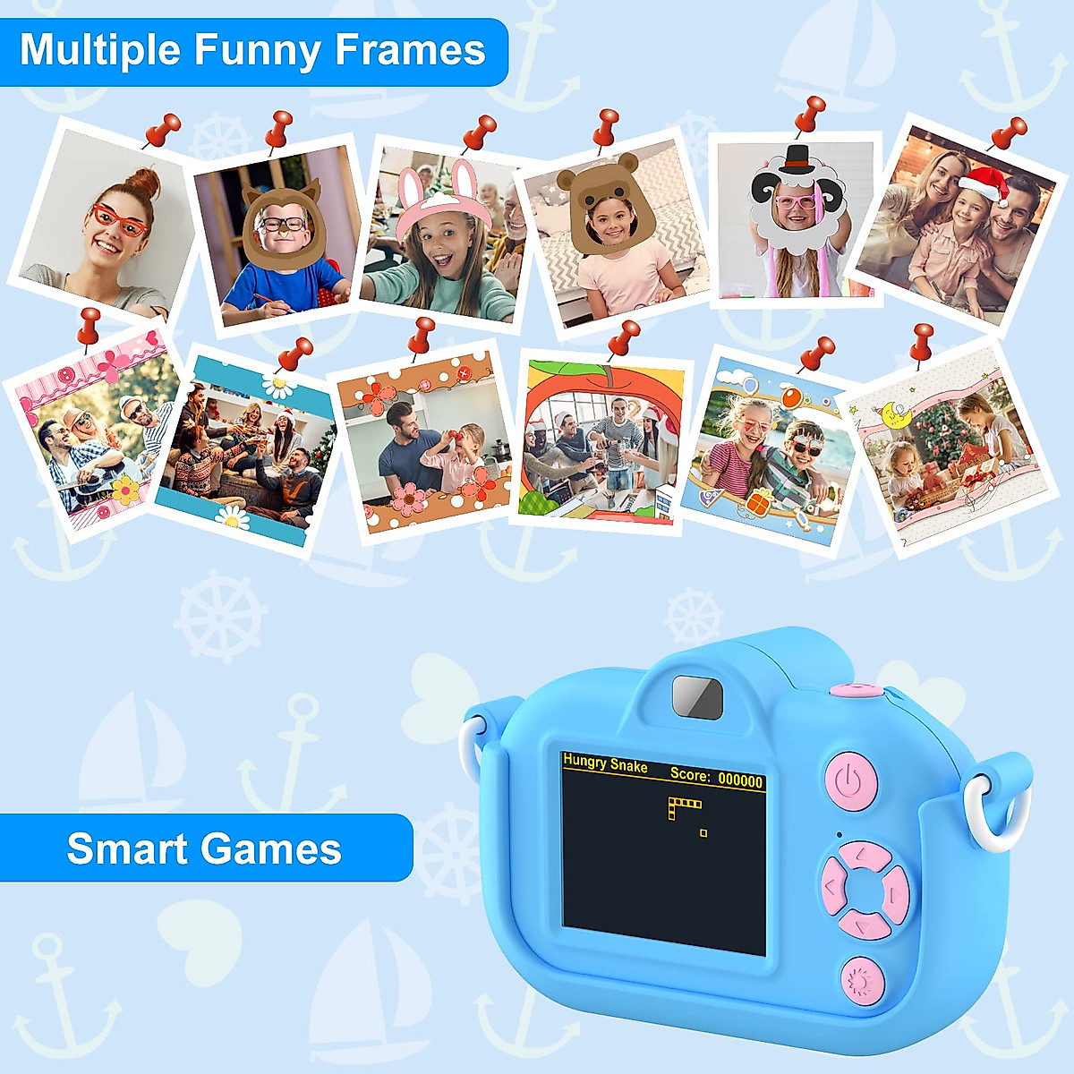 WEDNKOLY Upgrade Selfie Kids Camera, Christmas Birthday Gifts for Boys Girls Age 3-9, HD Kids Digital Video Camera for Toddler Portable Toy for 3 4 5 6 7 8 Years Old Girl - Blue