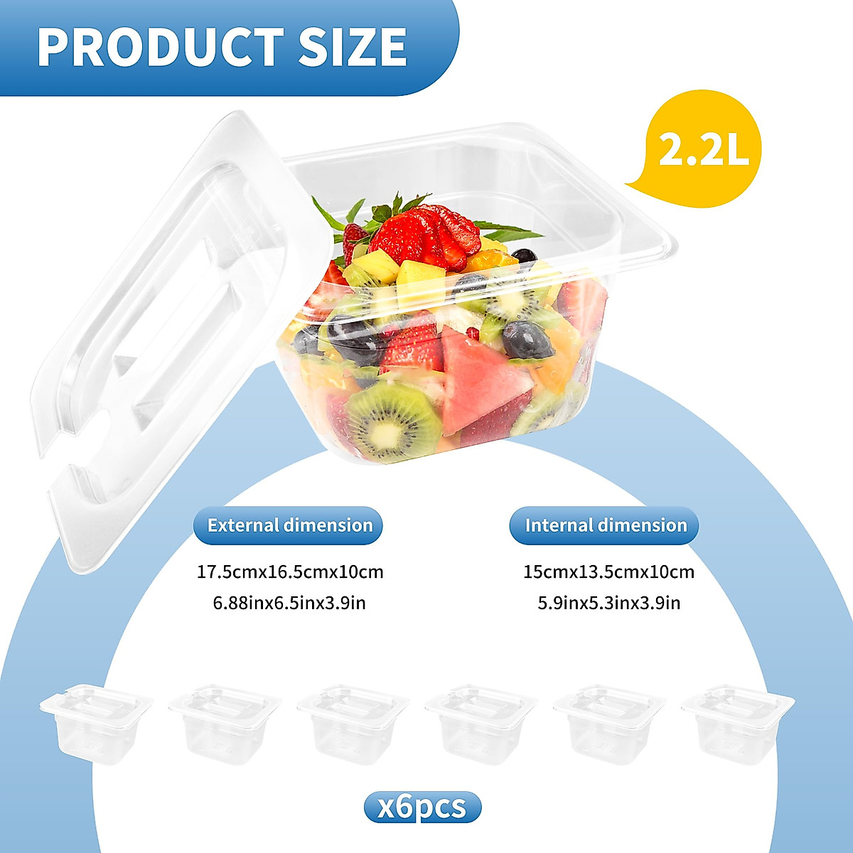 KEJJNYER 6 Pcs Plastic Food Pan with Lid, 4'' Deep Stack Clear Salad Bar Containers Commercial Plastic Restaurant Containers for Food Fruits Vegetables(1/6 Size)