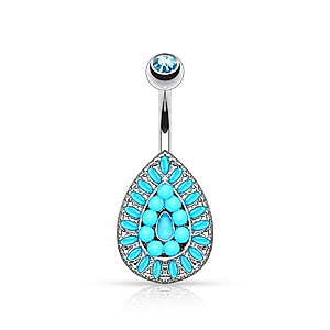 Pierced Owl 14GA 316L Stainless Steel Vintage Style Shield Gem Belly Button Ring, Choose Style (Turquoise Bead)