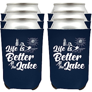 Life is Better At The Lake Can Coolie Can Sleeve Cooler Insulated Drink Coozies Soda Beer Hugger Coolies (Navy, 12 Pk)