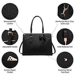 LOVEVOOK Laptop Bag for Women Work, Large Leather Laptop Tote Bag, 15.6 Inch Briefcase Purse Computer Bag with USB Charging Port, Business Office Handbag Shoulder Bag 2pcs Set, Black