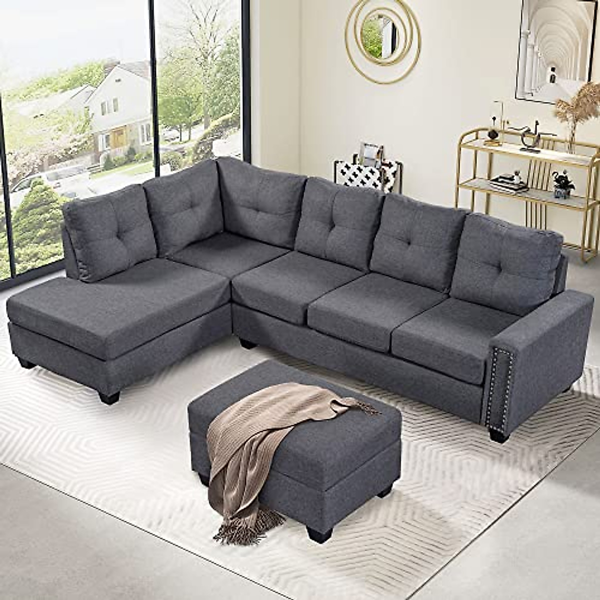 UBGO Living Room Furniture Sets,108" Reversible Sectional, L-shape Couch with Ottoman&Extra Wide Chaise Longue,Upholstered Modular Sofa with Two Cup Holders,for Large Space Apartments-Gray, Grey D