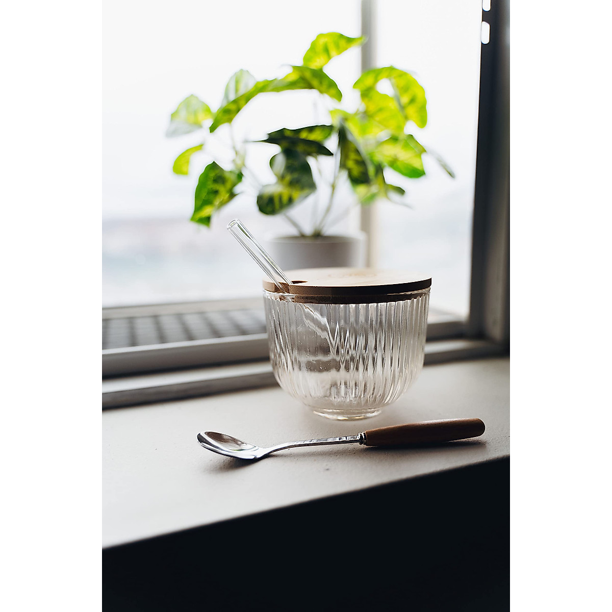 KC 2pc Glass Coffee Vintage Mug Set With Bamboo Lid And Glass Straw - 15oz Jumbo Glass Cup With Stainless Steel + Bamboo Spoon And Glass Straw - Glass Snack Bowl With Spoon