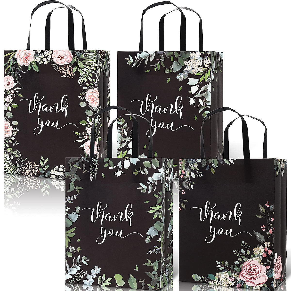 AnyDesign Floral Thank You Gift Bags with Handles Black Thank You Goody Bags Flower Kraft Paper Treat Bags Party Favor Bags for Wedding Birthday Baby Shower Party Favors, 4 Designs, 20Pack