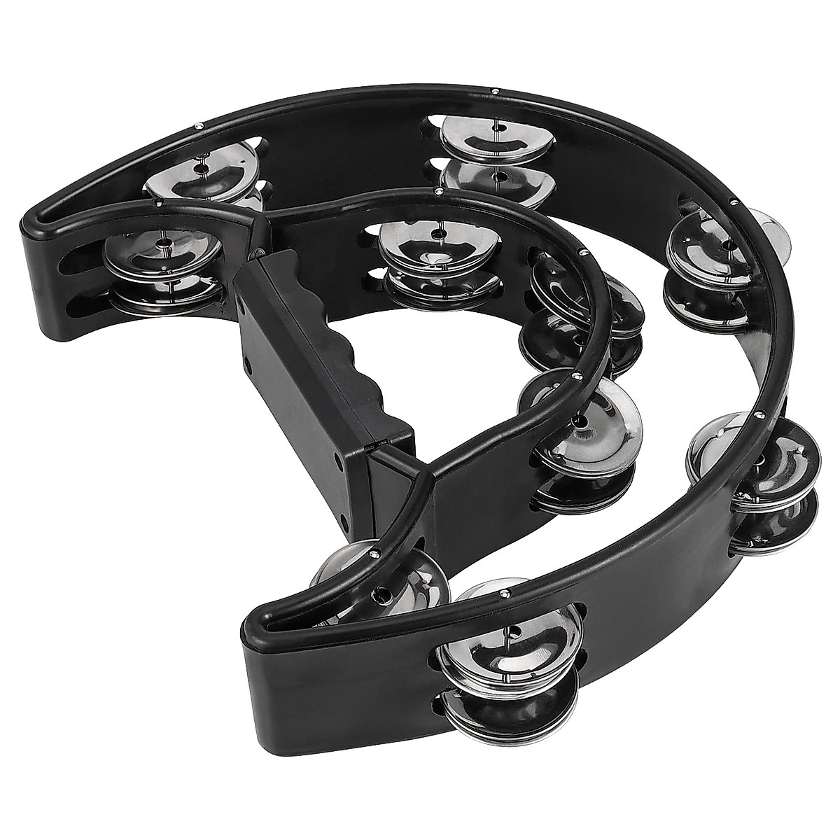 SINJEUN 4 Pack 10 Inch Black Double Row Tambourine, Half Moon Musical Tambourine, Metal Jingles Hand Held Percussion with Ergonomic Handle for Beginner, KTV, Party
