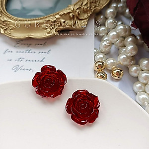 925 Sterling Silver Earrings Rose Flower, Pretty Blooming Carved Red Rose Dangle Earrings Tiny Resin Rose for Women for Teen for Mother