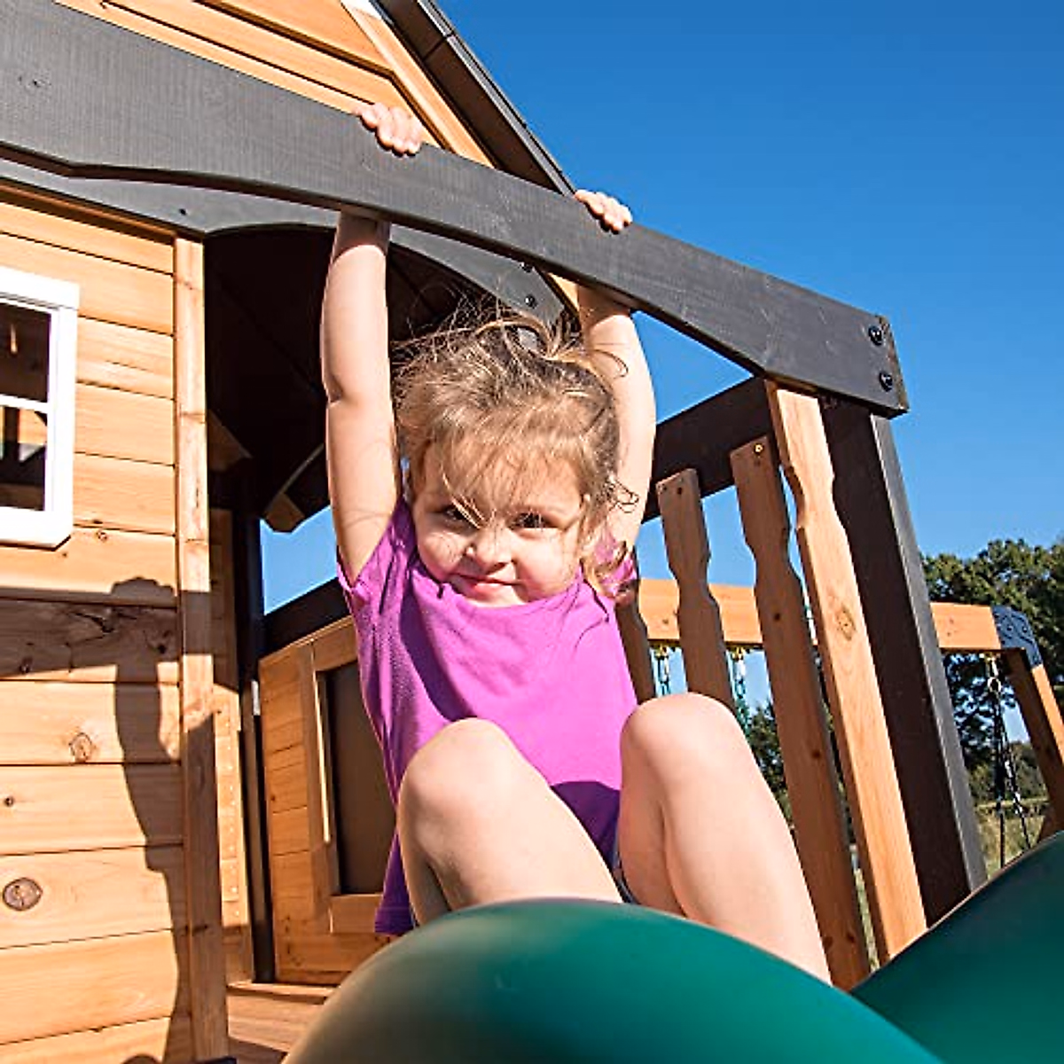Backyard Discovery Canyon Creek All Cedar Wood Swing Set, Playhouse with Grill, Plastic Food, Picnic Area, Steering Wheel, Two Belt Swings, Rock Climbing Wall, Balcony, Deck, Slide, Web Swing,Brown