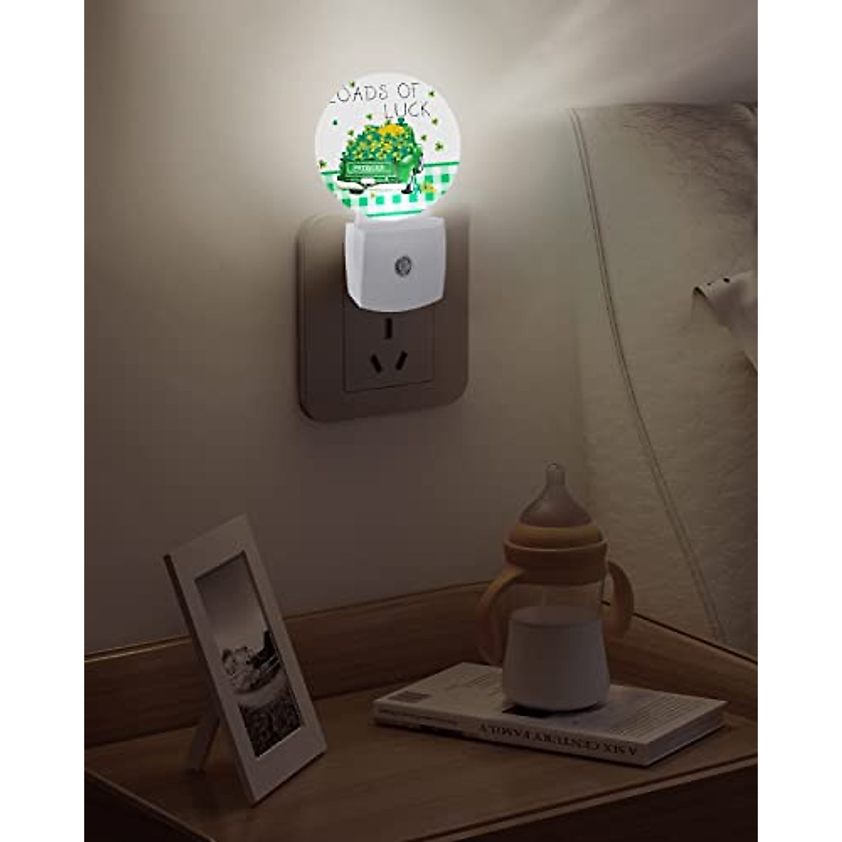 Lucky Truck St. Patrick's Day Night Lights Plug into Wall, Green Plaid Check Shamrock Auto Round LED Lights with Dusk to Dawn Sensor for Bedroom, Bathroom, Hallway, Kitchen, Kids, Home Decor