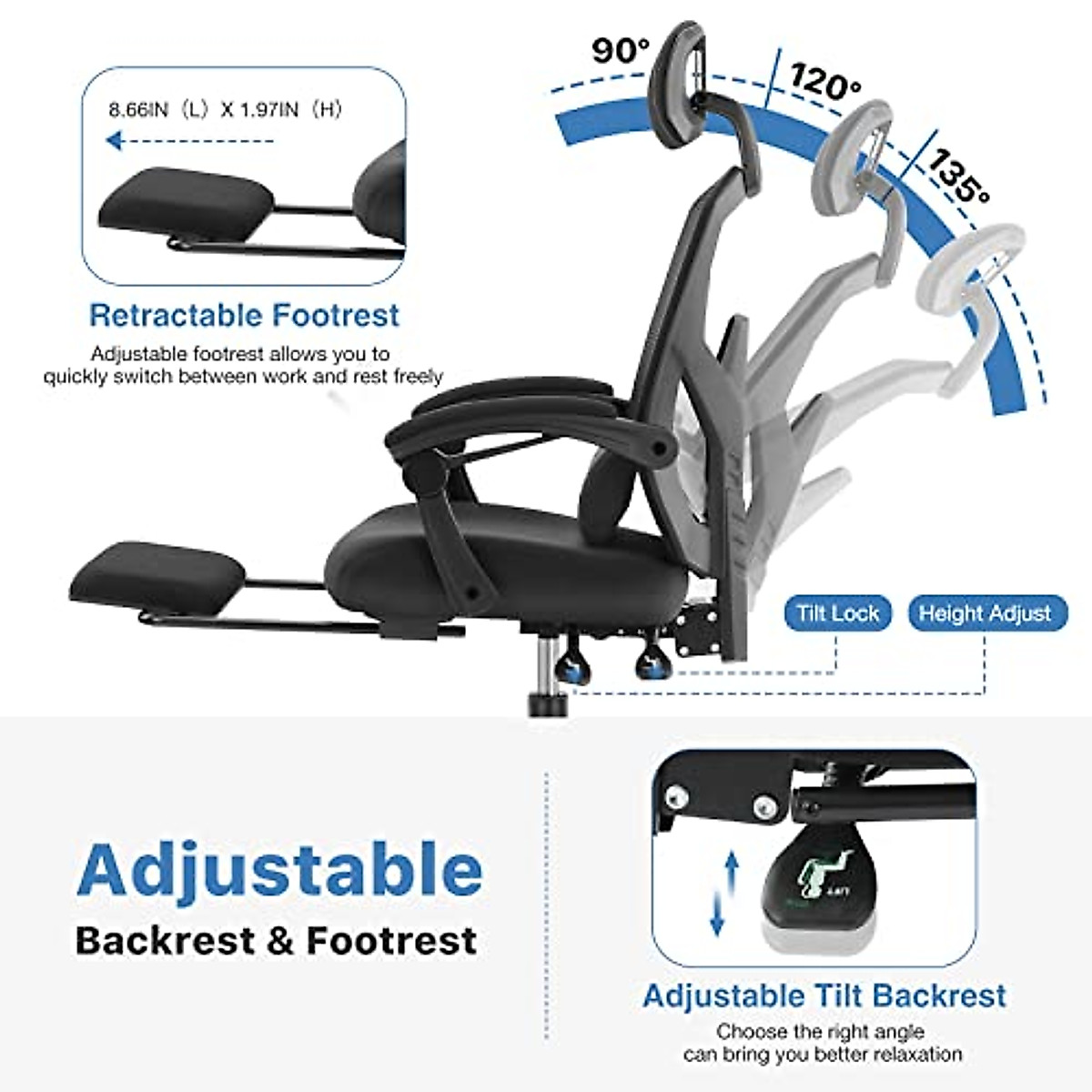 Ergonomic Office Chair, High Back Office Chair with Lumbar Pillow and Retractable Footrest, Mesh Office Chair with Padded Armrests and Adjustable Headrest, Swivel Rolling Chair, Height Adjustable