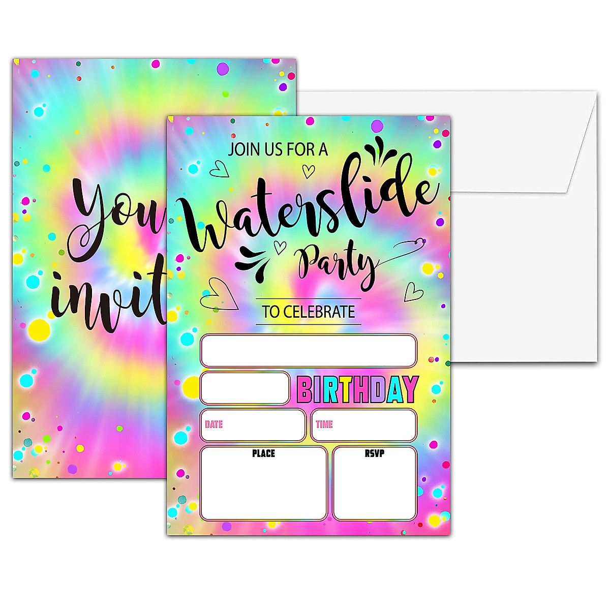 Chuxvon Waterslide Birthday Party Invitations, Summer Pool Birthday Invitation, Double-Sided Tie Dye Themed Fill In Invites, Kids Splash Birthday Party Decorations, 20 Cards With 20 Envelopes(C04)