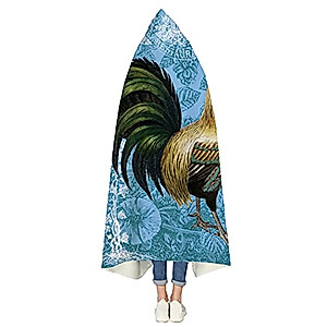 ArneCase Wearable Blankets Reversible Warm Cozy Throw Blankets A Rooster on Retro Blue Pattern Lightweight Sherpa Plush Fluffy Blankets with Hooded 59x79In