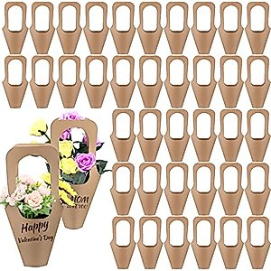 40 Pcs Kraft Paper Flowers Gift Bags Brown Bouquets Bags with Handles Creative Floral Wrapping Paper Bouquet Cone Florist Flower Sleeves for Flower Packaging Wrapping Gift Home Decoration, Medium