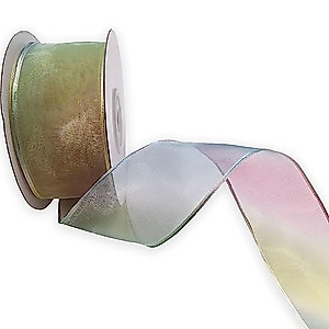 XMRIBBON Rainbow Sheer Organza Ribbon Wired 1-1/2 Inch X 25 Yards for Floral & Craft Decoration