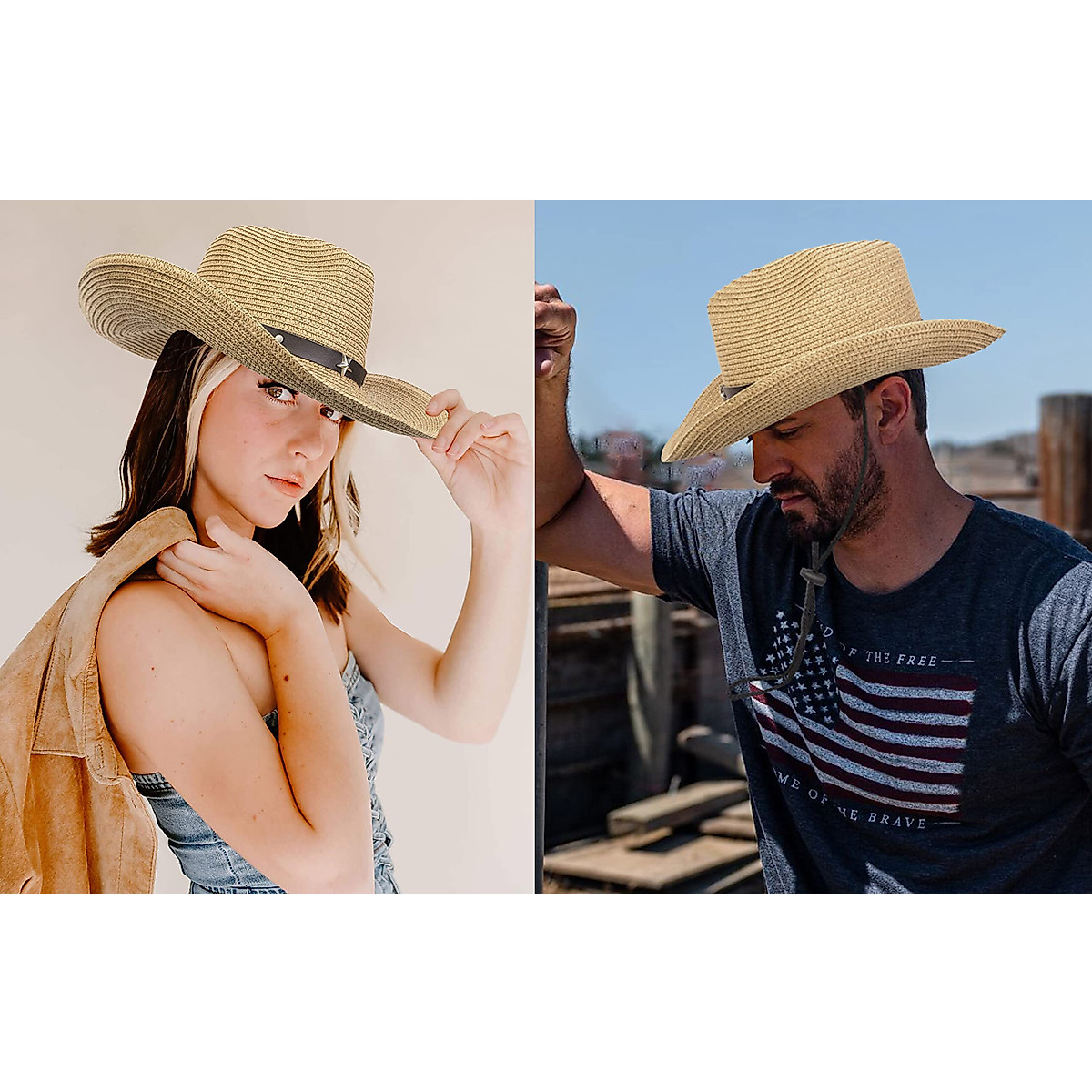 Straw Cowboy Cowgirl Hat for Men Women Wide Brim Sun Hat Western Style with String Khaki