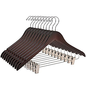 Quality Wooden Skirt Hangers with Clips Smooth Solid Wood Pants Hangers with Durable Adjustable Metal Clips, Swivel Hook, Coat, Jacket, Blouse Suit Hangers (Mahogany, 10)