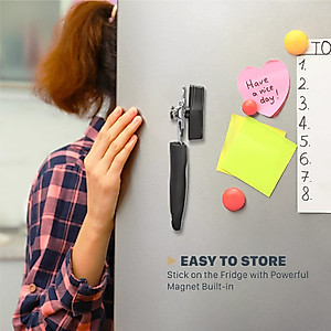 Can Opener Manual Handheld With Magnet, Lid-Lift Safety - Comfortable Anti-Slip Grip Handle And Big Turn Knob - Smooth Edge With Stainless Steel Sharp Blade - Heavy Duty Bottle Can Opener - Black