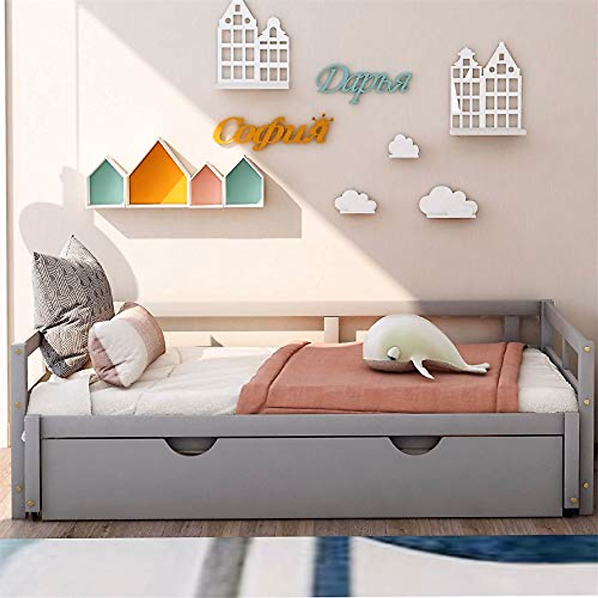 MERITLINE Daybed with Trundle,Twin to King Trundle Bed Extendable Design, Wooden Daybed/Sofa Bed for Bedroom Living Room,No Box Spring Needed,Grey