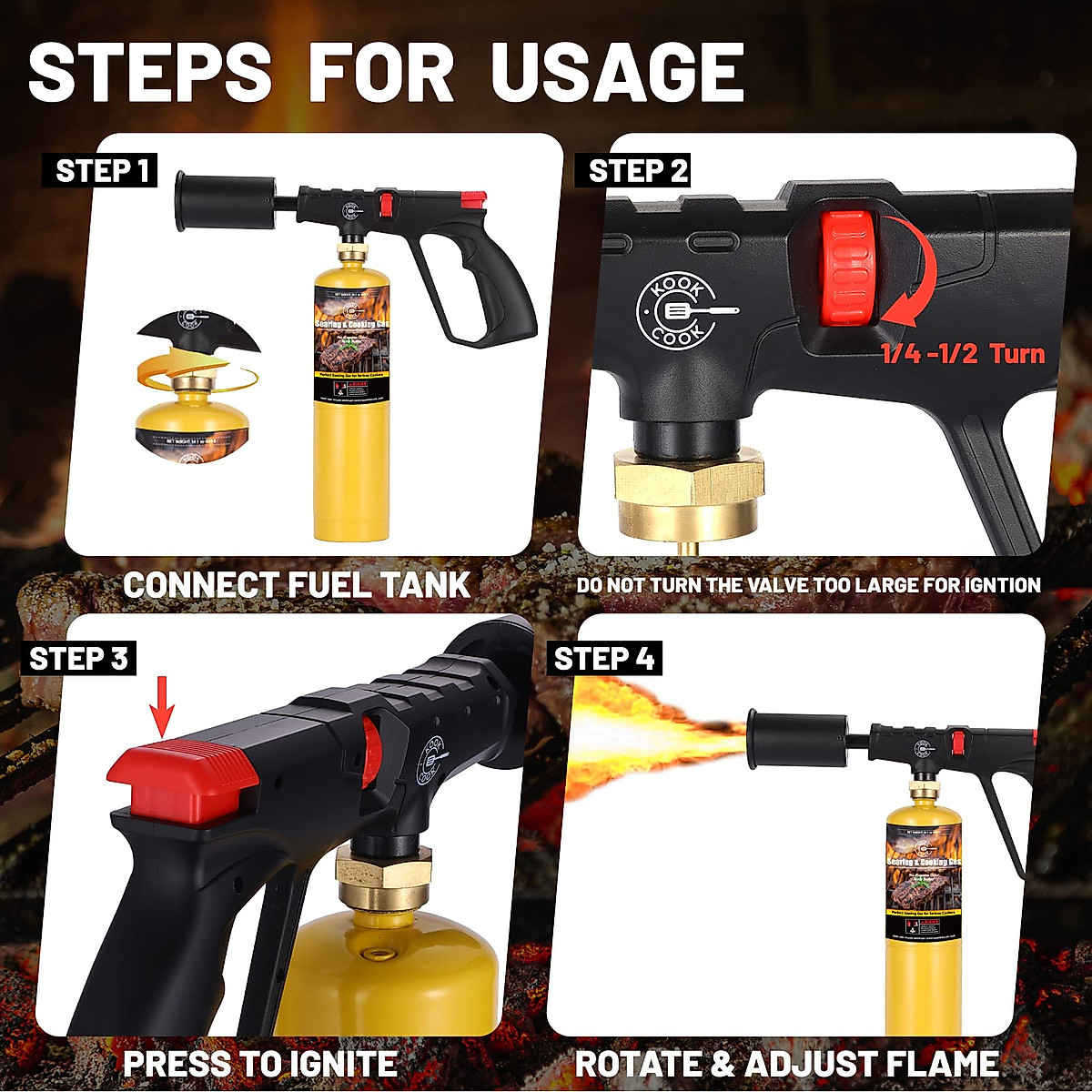 KookCook Cooking Grill Torch Kit with 2x14.1oz Fuel Gas Cylinder Sous Vide Blowtorch MAPP MAP Pro Propane Torch Food Kitchen Grilling Gun Culinary BBQ Tool for Searing Outdoor Camping Charcoal Starter