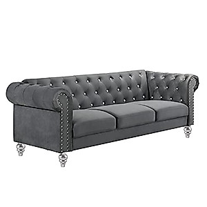 New Classic Furniture Glam Emma Velvet Three Seater Chesterfield Style Sofa for Small Spaces with Crystal Button Tufts, Gray