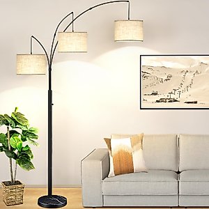 Floor Lamps for Living Room, 3-Light Dimmable Arc Tall Standing Floor Lamp with Adjustable Hanging Fabric Shades, Modern Floor Lamp with Marble Base for Bedroom Office, 3 LED Bulbs Included