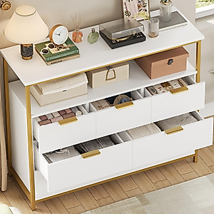FACBOTALL Modern 7 Drawer Dresser, White Dresser with Metal Handles, White and Gold Dresser, Tall Dresser Chest of Drawers, Large Capacity Chest Storage Organizer for Living Room, Entryway, White.