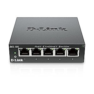 D-Link Fast Ethernet Switch, 5 Port Unmanaged 10/100 Metal Fanless Desktop or Wall Mount Design (DES-105)