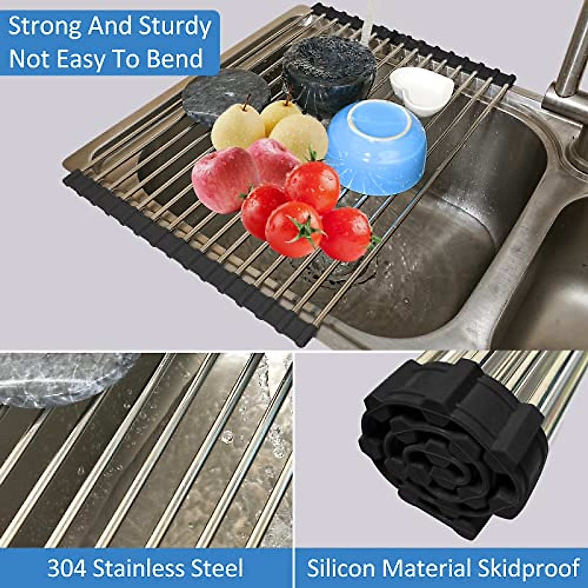 Ahyuan Roll up Dish Drying Rack Over The Sink Kitchen Roll up Sink Drying Rack Portable Dish Drainer Foldable Dish Drying Rack (Stainless Steel 17.7''X11.8'', Black)