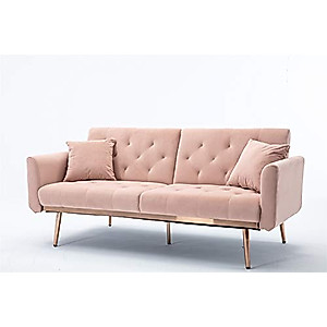 Voohek Velvet Futon Sofa, Tufted Loveseat Couch, Convertible Sleeper Bed, Accent Recliner with Golden Metal Legs & 2 Pillows for Home Living Room Bedroom, Pink