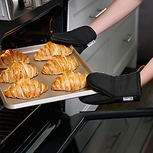 1 Pair Short Neoprene Mini Oven Mitts, Heat Resistant- Little Oven Gloves Pot Holder for Kitchen Cooking - Non-Slip Grip, Hanging Loop, Cotton Trivet for Kitchen Cooking - (Black)