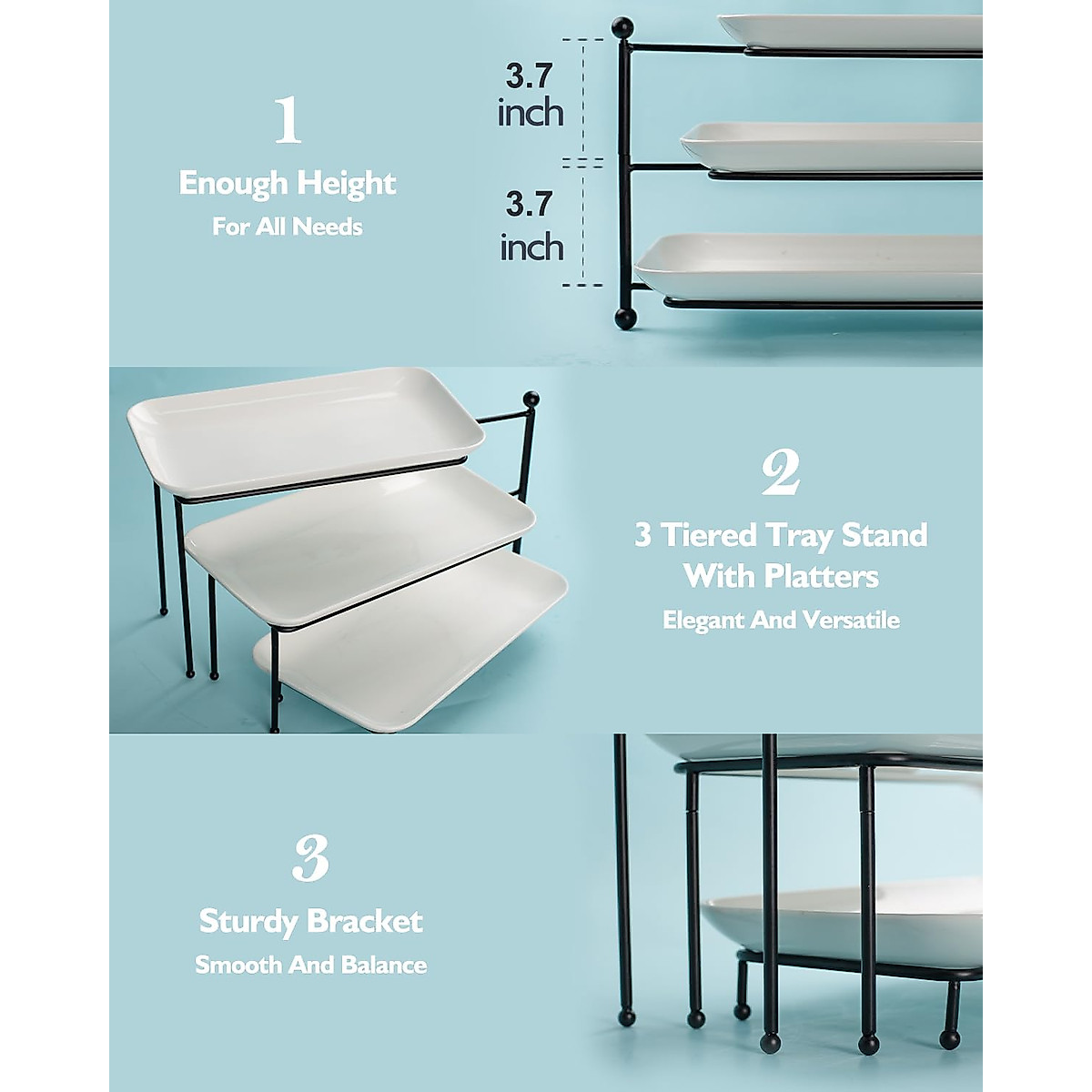 3 Tiered Serving Tray with White Porcelain Platters,Tiered Serving Stand Food Display Stand, Tiered Serving Trays & Platters, Rotatable Foldable Rectangular Plates for Dessert, Brithday Party & Events