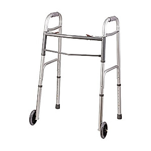 DMI Lightweight Aluminum Folding Walker with Easy Two Button Release, 5 Inch Wheels, Adjustable Height, No Assembly Needed, Silver