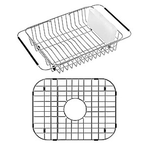 SANNO Dish Drying Rack, Expandable Dish Drainer Over Sink Kitchen Sink Grate Sink Protector for Kitchen Organization Stainless Steel