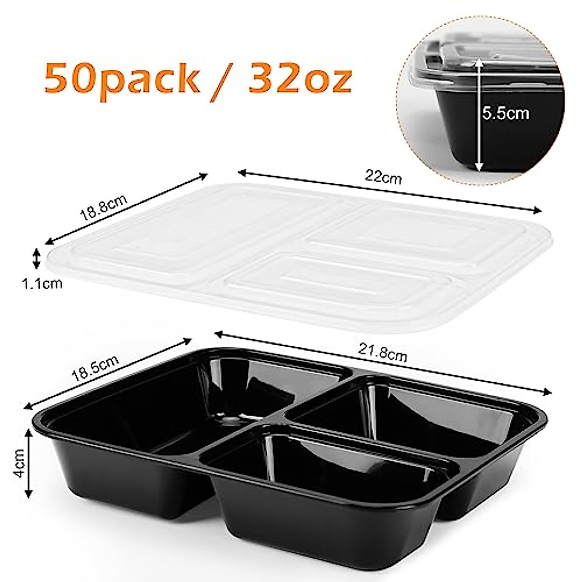 Moretoes 50 Pack 32 oz Meal Prep Containers 3 Compartment Plastic Food Storages with Lids, Reusable Food Take-Out Lunch Box Microwave/Freezer/Dishwasher Safe