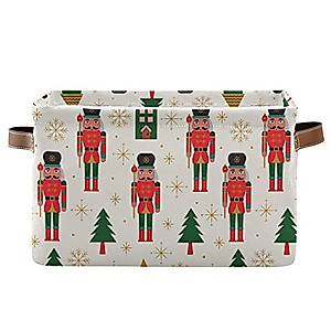 xigua Christmas Nutcracker Xmas Tree Snowflake Storage Basket Foldable Storage Bin Canvas Rectangular Storage Basket with Leather Handles for Home Closet & Office Decoration