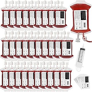 GonLei 30 Packs Blood Bags, Reusable IV Bags for Drinks, Halloween Vampire for Zombie Blood Bag Drink Container(30pcs Clips and 11.8 Oz Bag, 30 Label, 3 funnels, 1 Syringes)