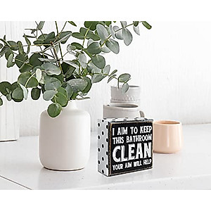 Pigort I Aim to Keep This Bathroom Clean Home Décor Sign Funny Bathroom Farmhouse Accessories Rustic Wood Bathroom Decorations Shelf Toilet Decor Wooden Box Signs for Home 4" x 4" x 1.75"